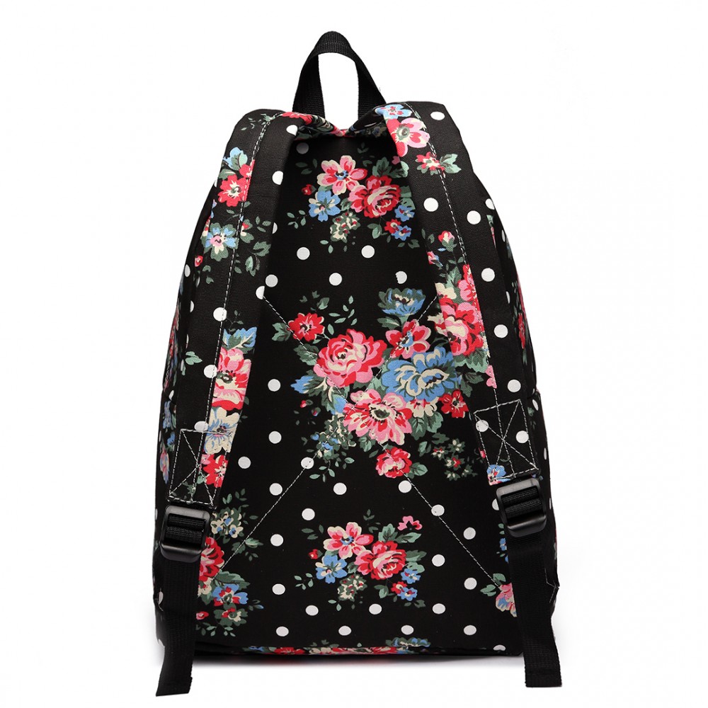 E1401F - Miss Lulu Large Backpack Flower Polka Dot Black