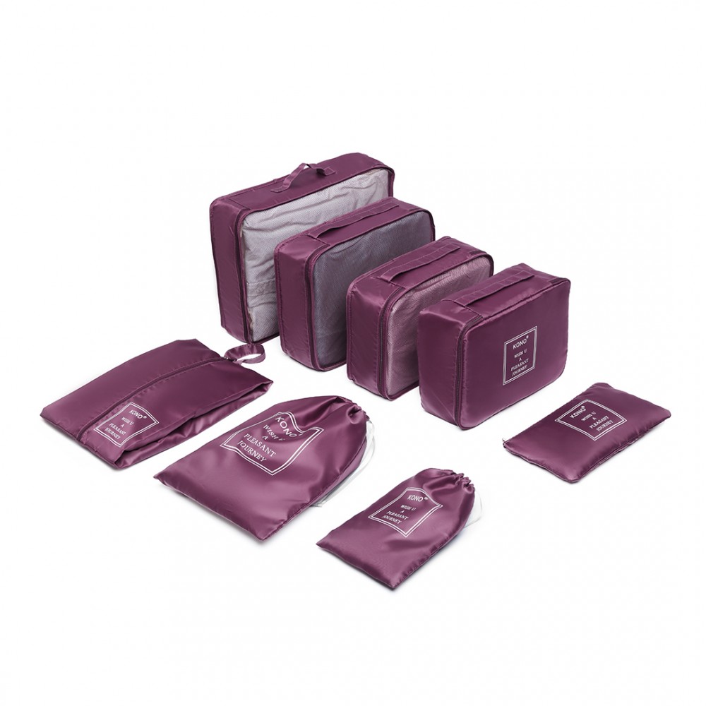 E2019 - Kono 8 Piece Polyester Travel Luggage Organiser Bag Set - Burgundy