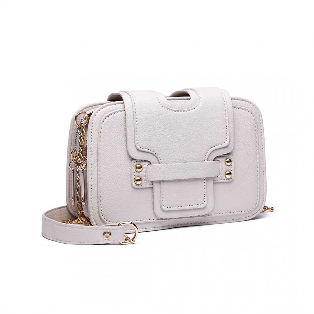 E6711 BG - Leather Look Small Cross Body Chain Strap Satchel Beige