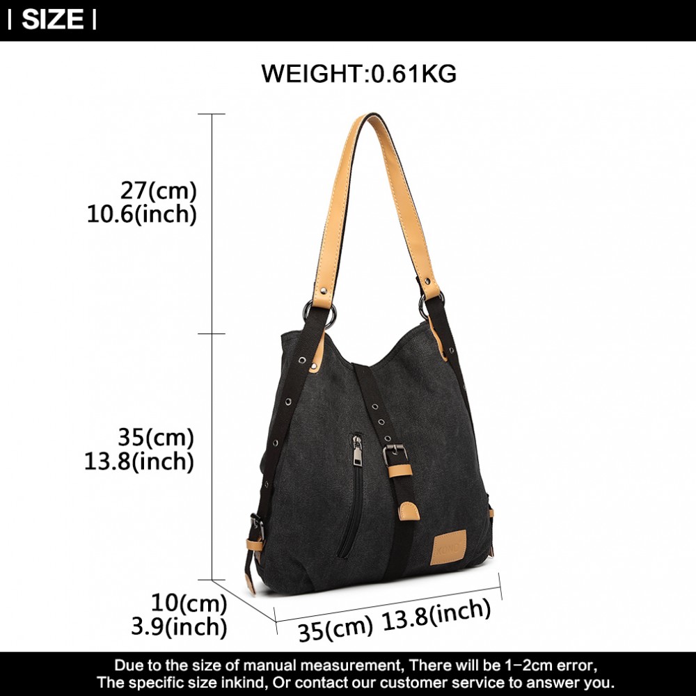 E6850 - Kono Canvas Hobo Slouch Shoulder Bag and Backpack - Black