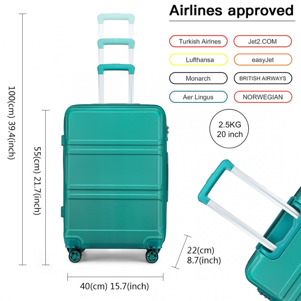 K1871-1L - Kono ABS 20 Inch Sculpted Horizontal Design Cabin Luggage - Teal