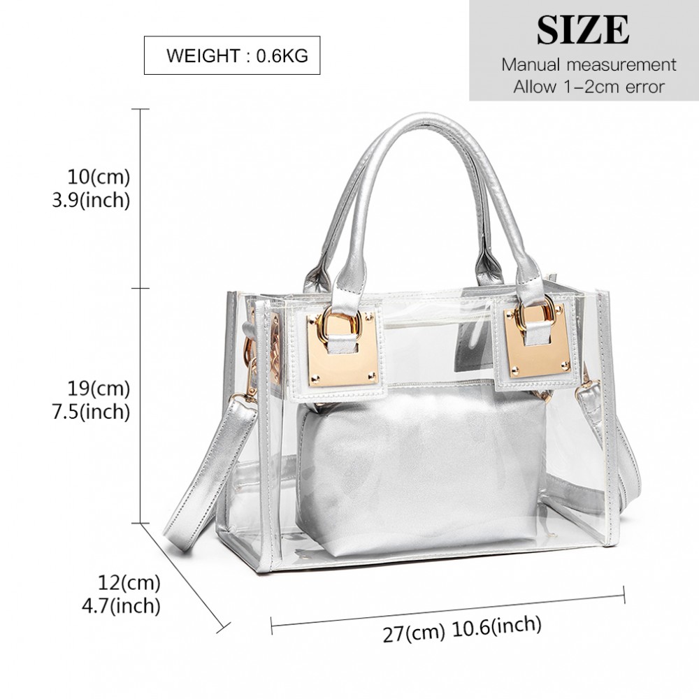 LB1931 - MISS LULU TRANSPARENT TWO PIECE HANDBAG SET - SILVER