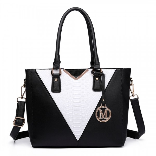 LG6632 - Miss Lulu Leather Look V-Shape Multicolour Tote Bag Black