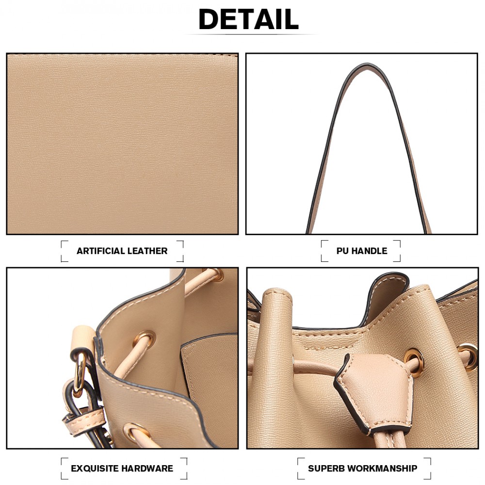 LH6894 - Miss Lulu Leather Look Drawstring Shoulder Bag - Apricot