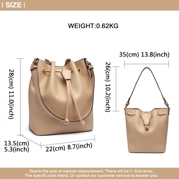 LH6894 - Miss Lulu Leather Look Drawstring Shoulder Bag - Apricot