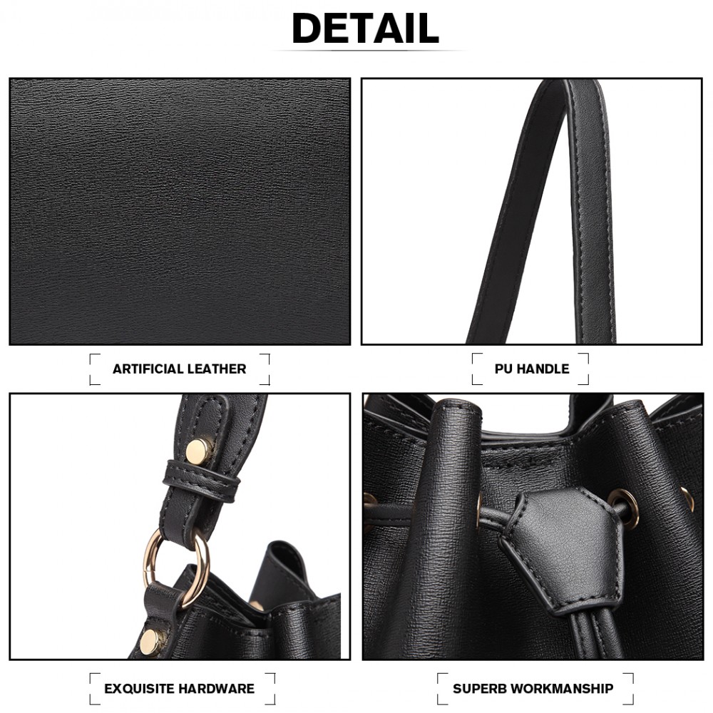 LH6894 - Miss Lulu Leather Look Drawstring Shoulder Bag - Black