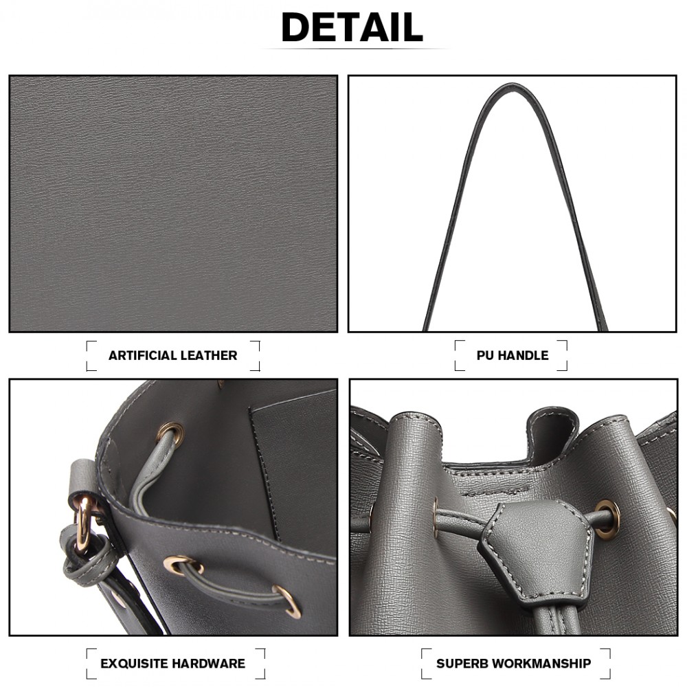 LH6894 - Miss Lulu Leather Look Drawstring Shoulder Bag - Grey