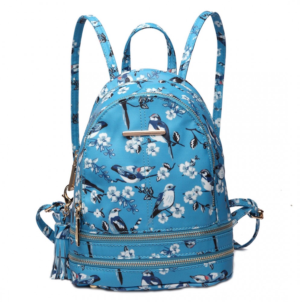 LT1704 - Miss Lulu Matte Oilcloth Small Fashion Bird Print Backpack Blue