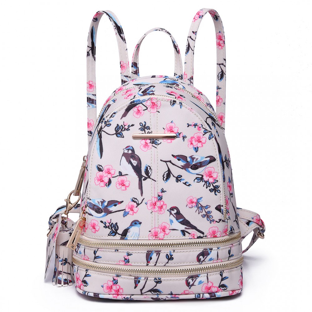 LT1704 - Miss Lulu Matte Oilcloth Small Fashion Bird Print Backpack Beige