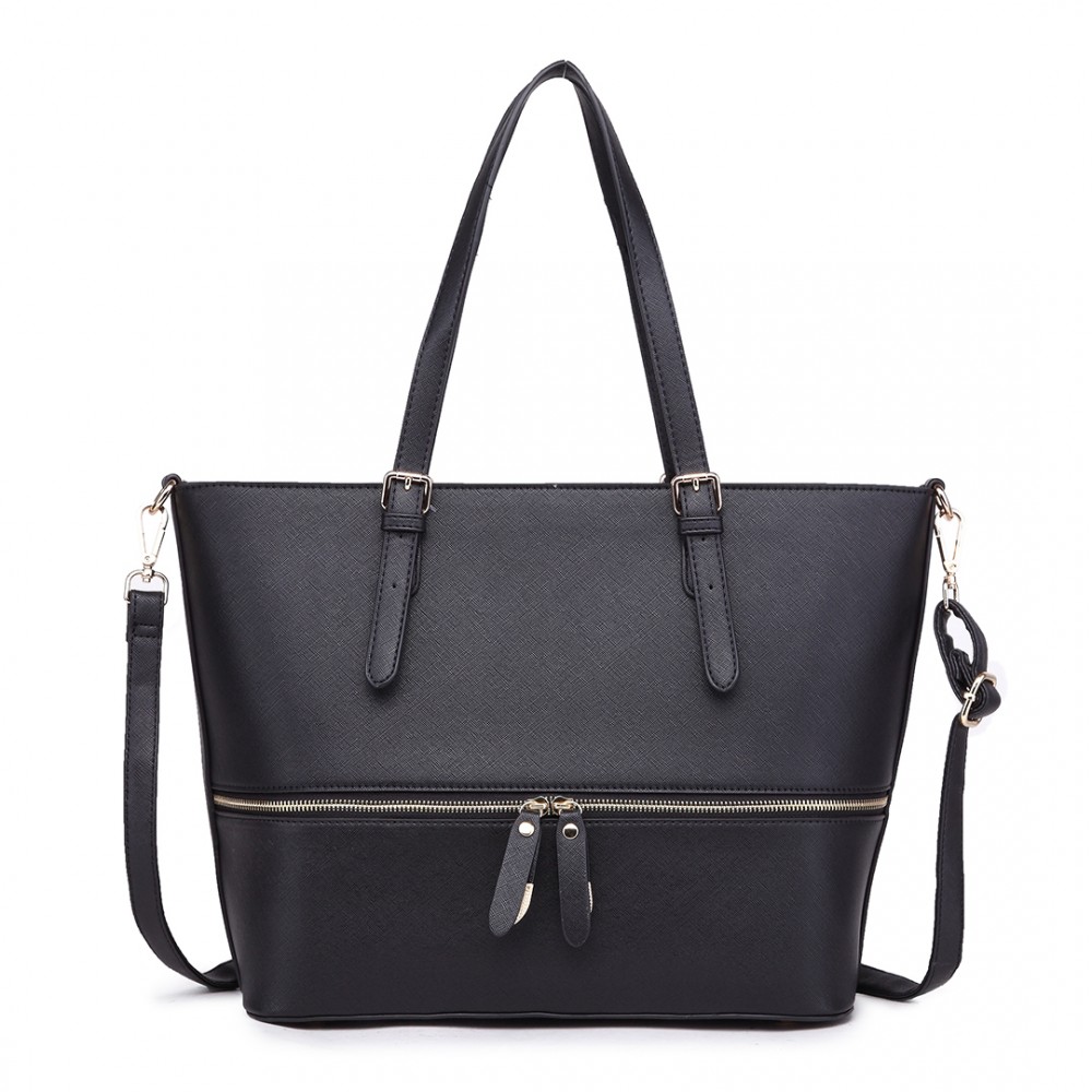LT1740 Black - Miss Lulu Faux Leather Adjustable Handle Tote Bag Black